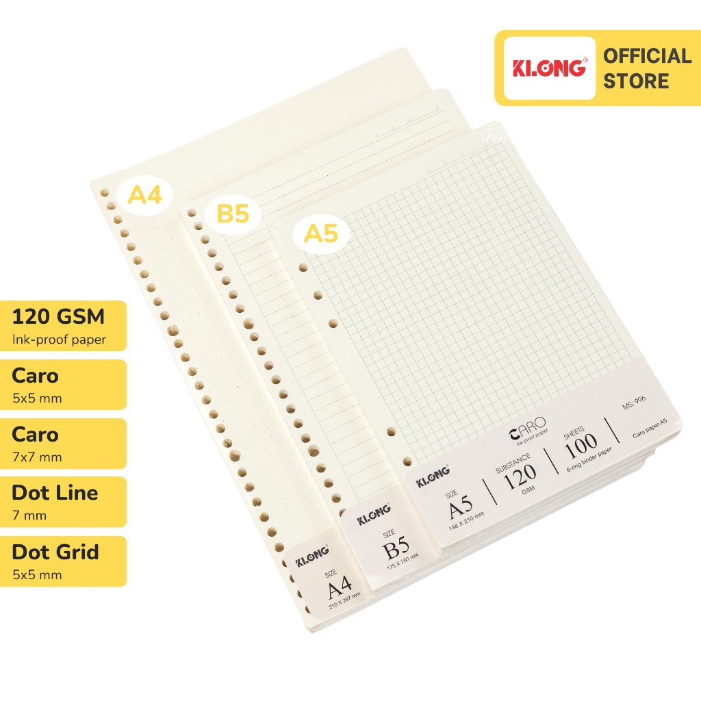 Ruột sổ còng giấy refill KLONG 120GSM Caro Dot Line Dot Grid A5 B5 A4 ...