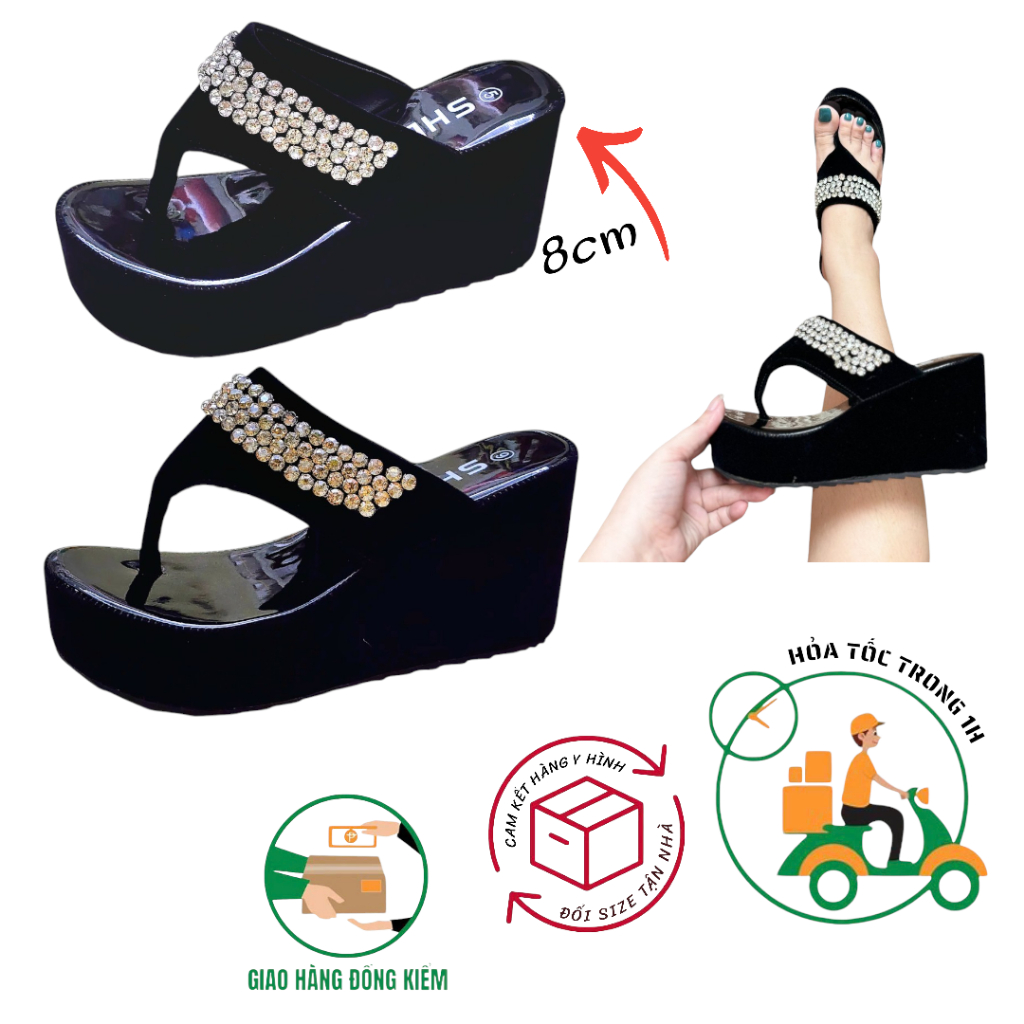 Dép Nhung Quai Kẹp Kết Xoàn Đá Thật 8P Chinh Hãng SHLL - Dép Đế Bằng ...
