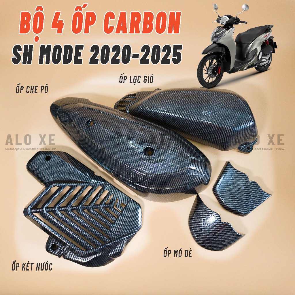 Bộ 4 Món Ốp Carbon cho xe SH MODE 2020-2025 Ốp lọc gió, Che pô, két tản ...