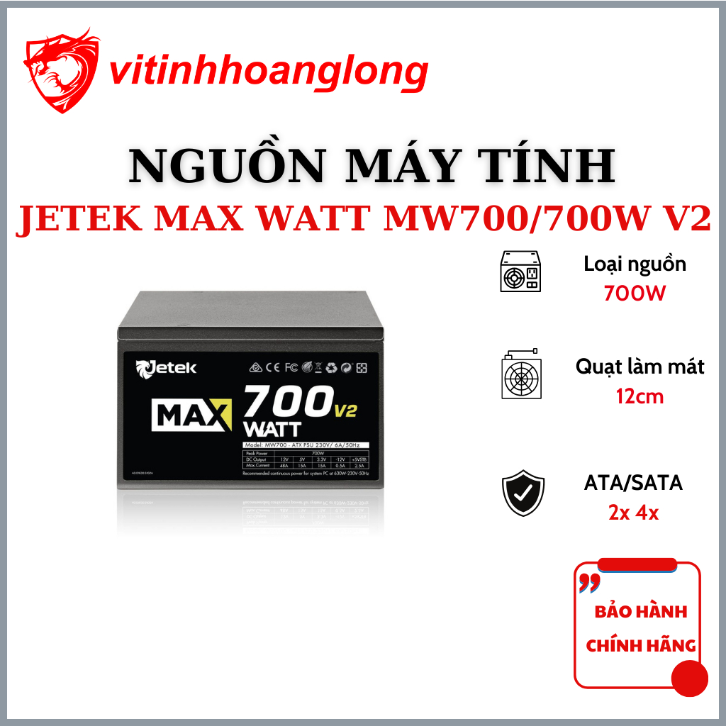 Nguồn JETEK MAX WATT MW700/700W V2 CHUYÊN DUAL XEON (dây bẹ đen, 1 dây ...