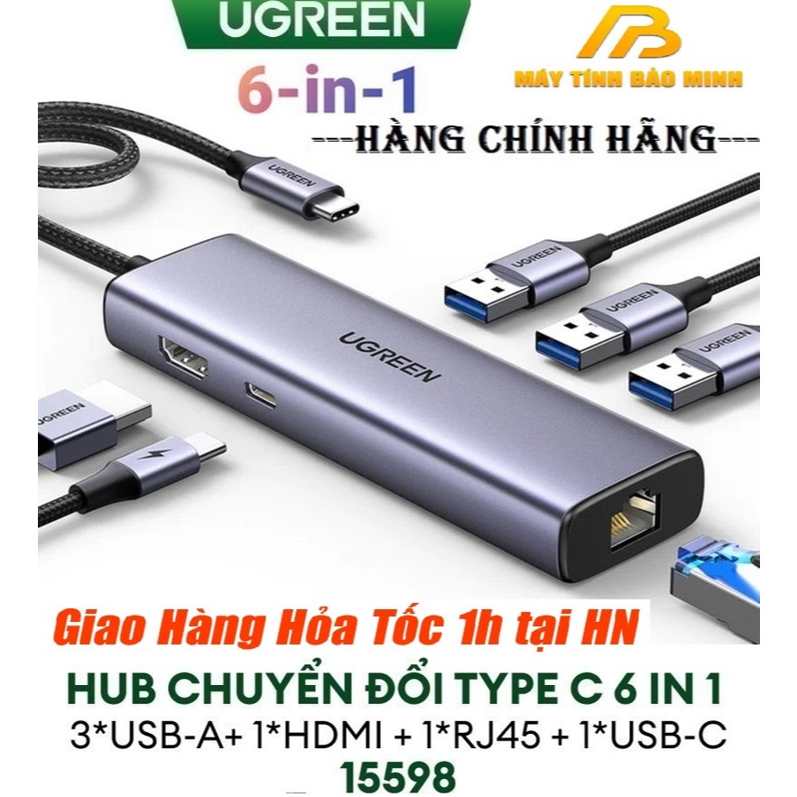 HUB 6 in 1 USB Type C ra HDMI 4K@30Hz + USB 3.0 + LAN 1Gbps + PD 100W ...