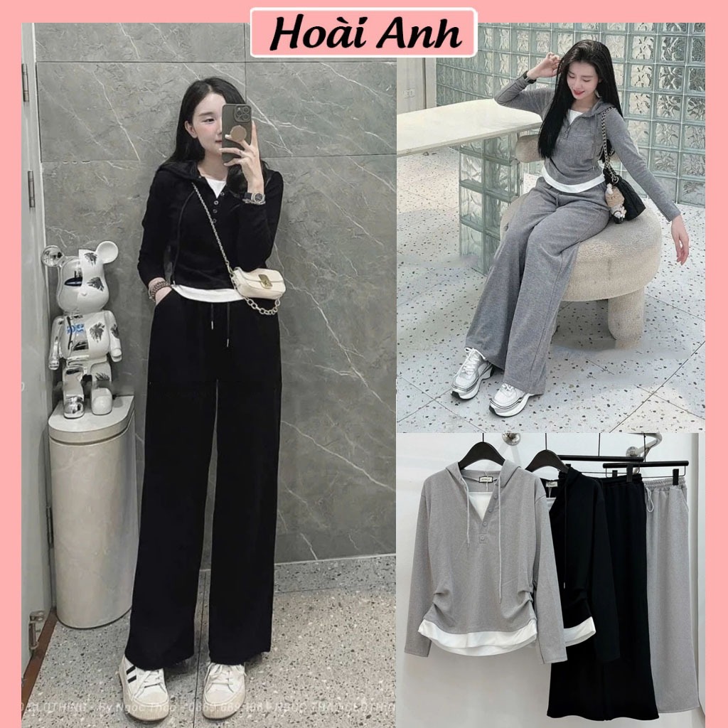 Set Bộ Đồ Nữ Tăm Nhung Áo Dài Tay Có Mũ Dây Rút Phối Cúc Cổ Xen Màu ...