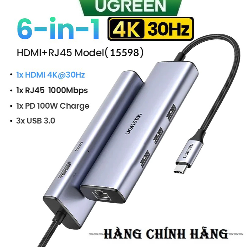 Bộ chuyển đổi USB-C đa năng 6 in 1 Ugreen 15598 (HDMI 4K@30Hz + 3x USB ...