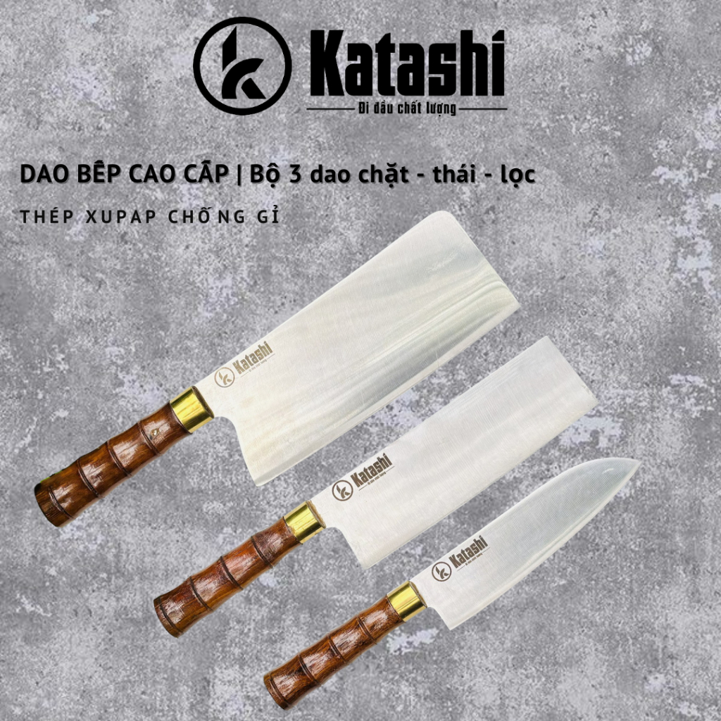 [ Bộ 3 dao cán trúc ] Bộ 3 dao nấu ăn thép XUPAP tàu thủy - phục vụ trong bếp, quán ăn Dao cắt ...