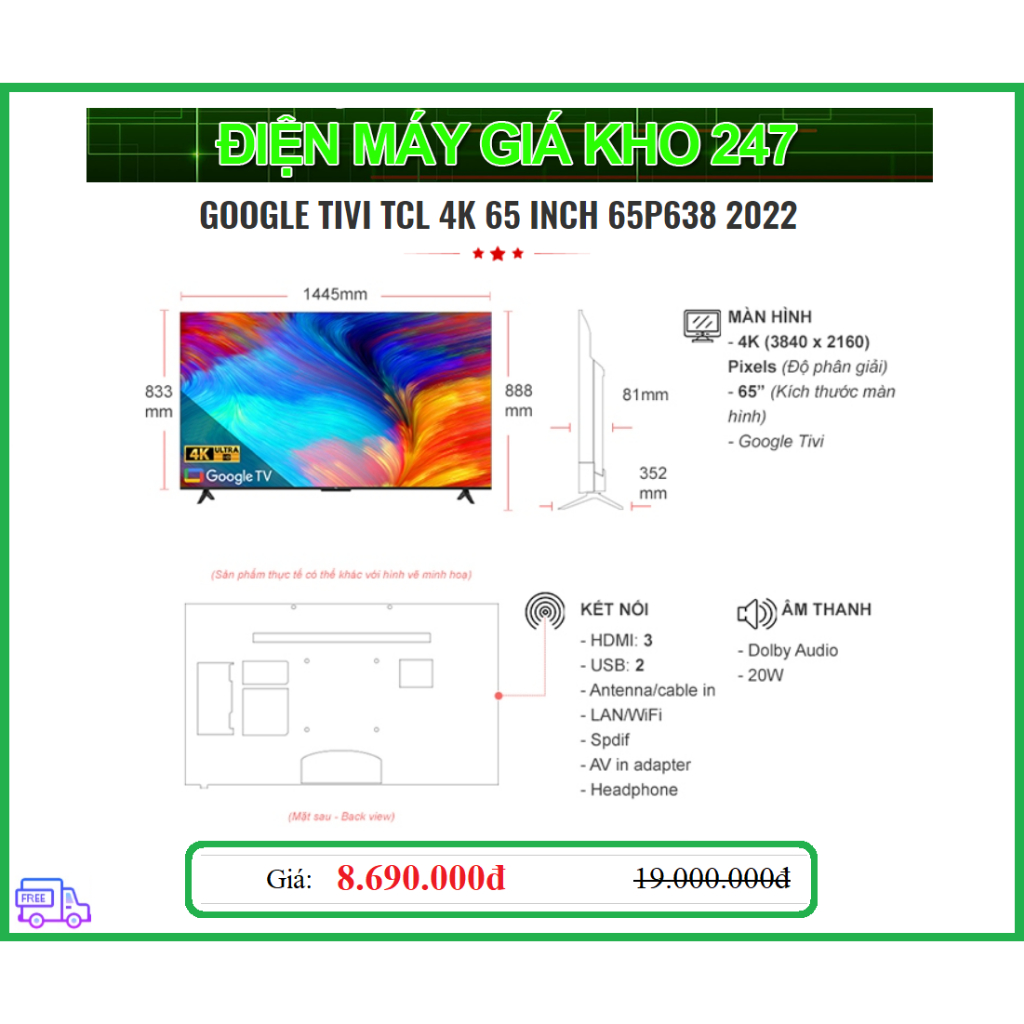 Google Tivi TCL 4K 65 inch 65P638 2022 | Shopee Việt Nam