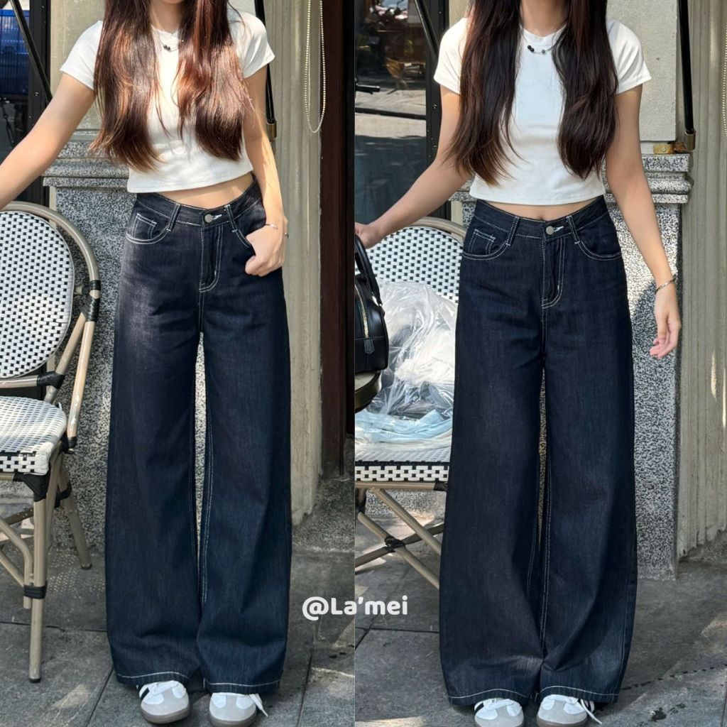 LA'MEI - Quần jeans ống rộng nữ basic cạp cao tông xanh chỉ trắng nổi ...