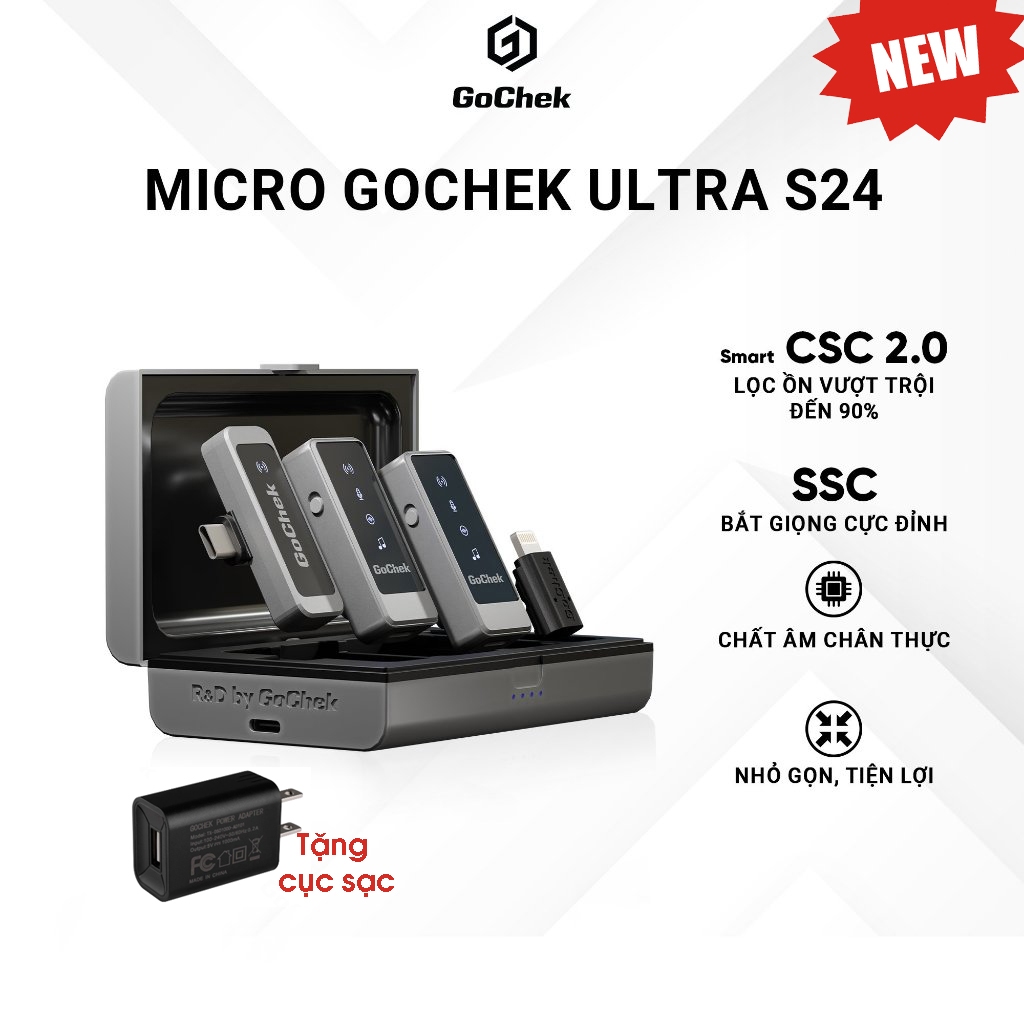 Micro thu âm GoChek Ultra S24 Cao cấp, kèm hộp sạc, Công nghệ chống ồn ...
