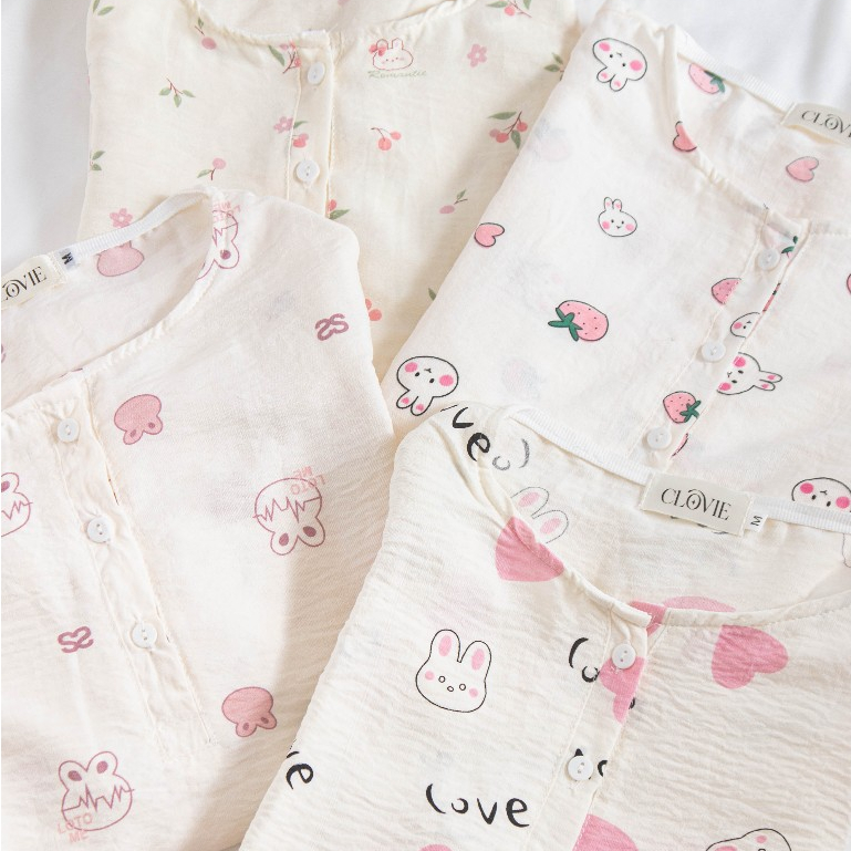 Đồ bộ ngủ mặc nhà, pyjama đũi lụa CỔ TRÒN quần ngắn size 40-64kg Clovie ...