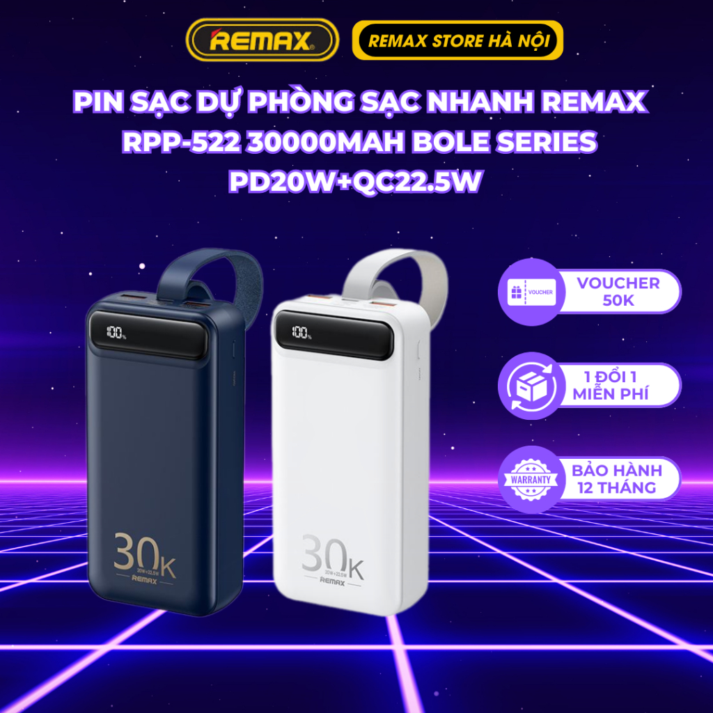 Pin sạc dự phòng sạc nhanh chính hãng REMAX RPP-522 30000mAh Bole Series PD20W+QC22.5W | Shopee ...