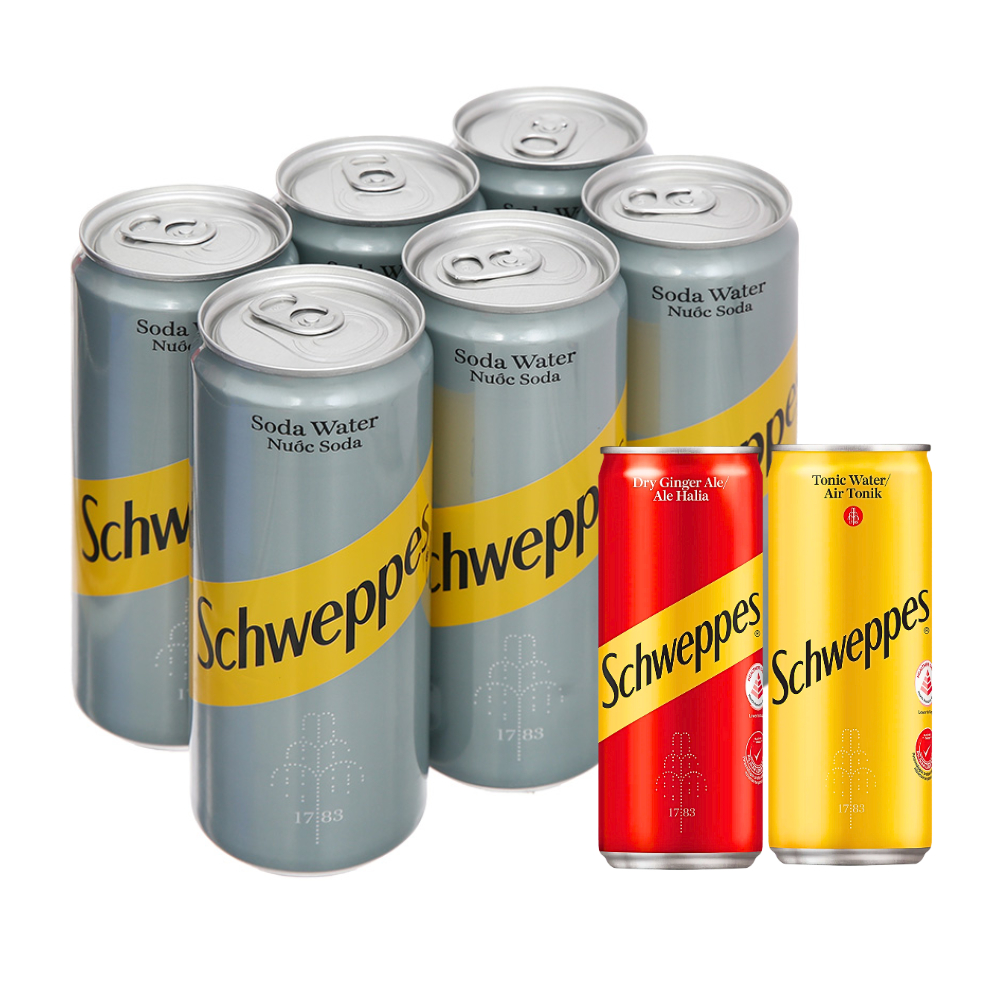 (Lốc 6 lon) Nước soda Schweppes không đường/Dry Ginger Ale/Tonic Water ...