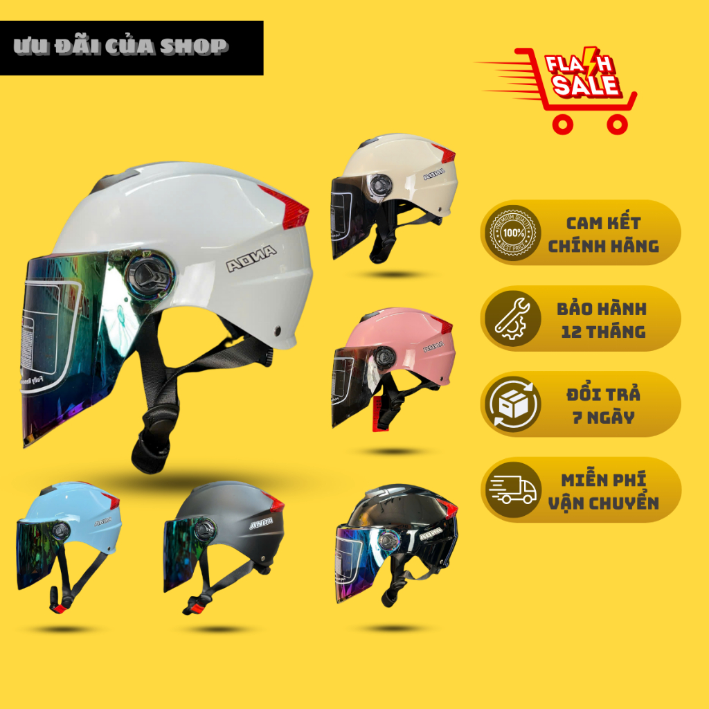 Mũ bảo hiểm nửa đầu ANDA HELMET chính hãng, có kính dài, nhiều màu, bảo ...