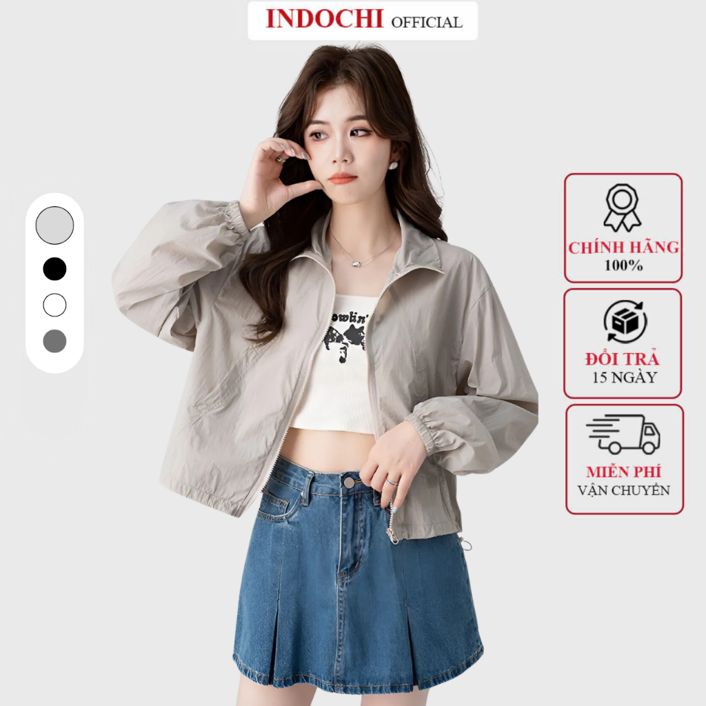 Áo khoác gió nữ INDOCHI dáng croptop chất liệu gió nhăn nhiều màu basic ...