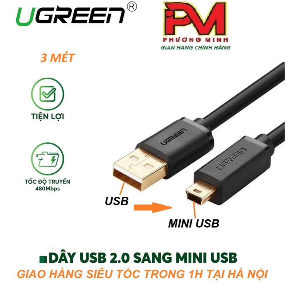Cáp USB 2.0 to Mini USB 3m mạ vàng Chính hãng Ugreen 10386 _Usb sang ...