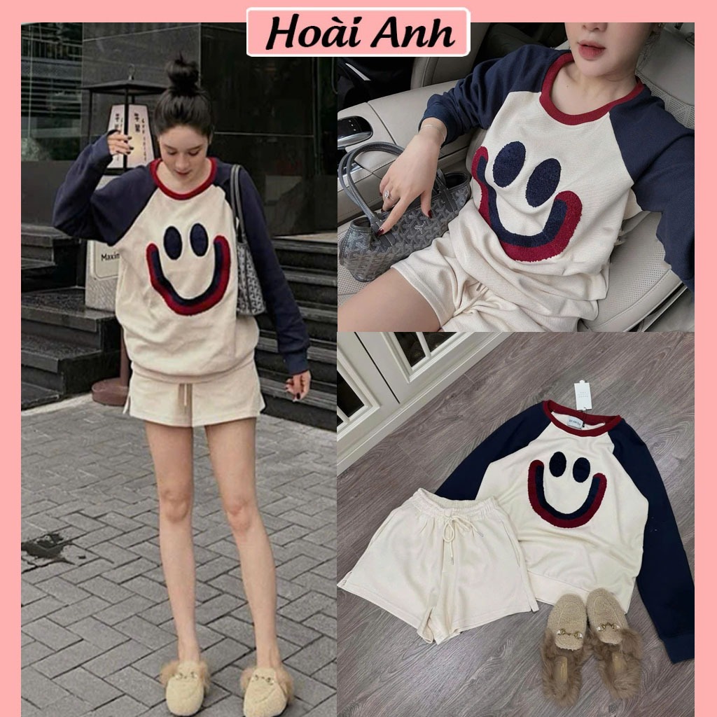 Set Bộ Đồ Nữ Mặt Cười KAB Áo Cổ Tròn Phối Màu Dài Tay Mix Quần Sooc Đùi ...
