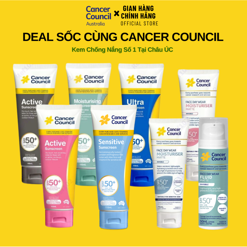 Kem chống nắng Cancer Council Active/ Ultra/Sensitive/ Everyday/ Kid ...