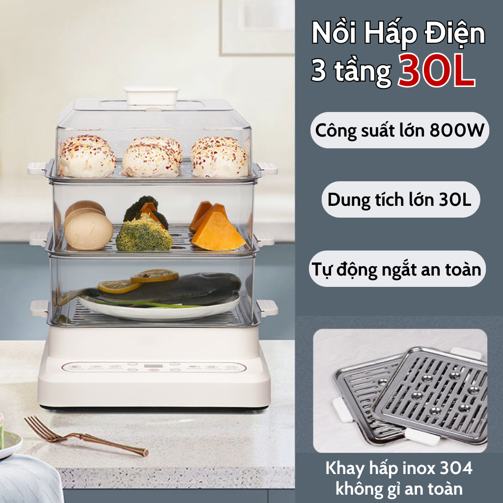 Nồi Hấp Điện Đa Năng 3 Tầng 30L Khay Inox, Máy Hấp Gà Nguyên Con, Nồi ...