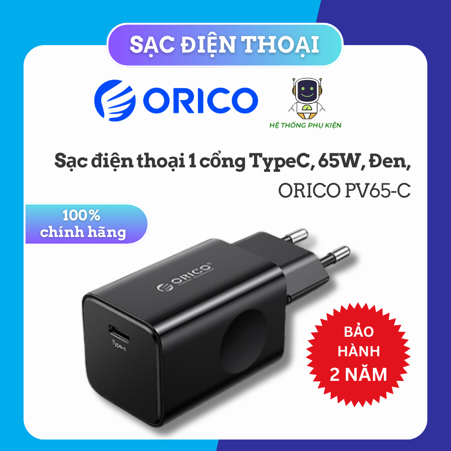 Củ Sạc Nhanh 1 Cổng GaN Type-C 65W ORICO, Màu Đen, Dành Cho Điện Thoại/Máy Tính Bảng/Laptop PV65 ...