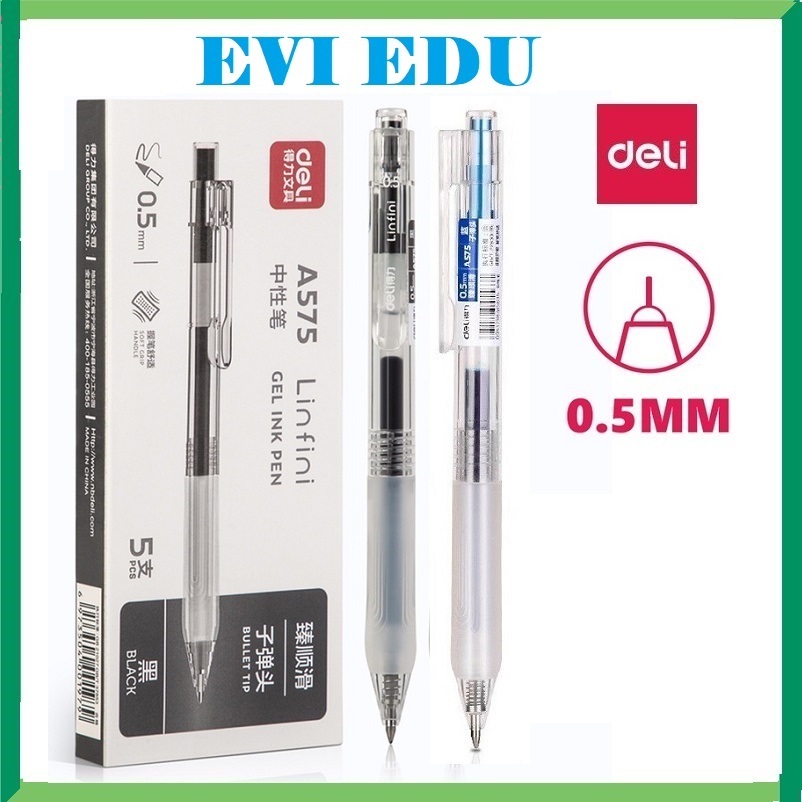 Hộp 5 cây bút bi nước Deli A575 575 mực đen ngòi 0.5mm sang trọng tinh ...