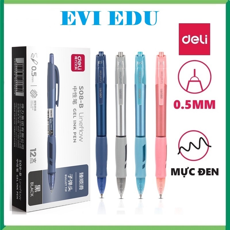 Hộp 12 cây bút bi nước Deli S08 ngòi 0.5mm mực đen viết trơn nhanh khô ruột S206 thay thế ...