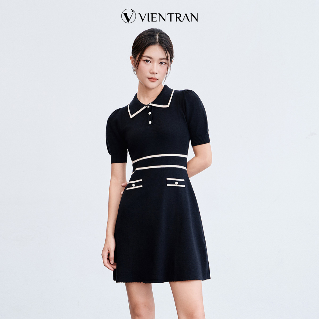 Đầm len dáng A VIEN TRAN phối màu tay bồng V63R23T001 | Shopee Việt Nam
