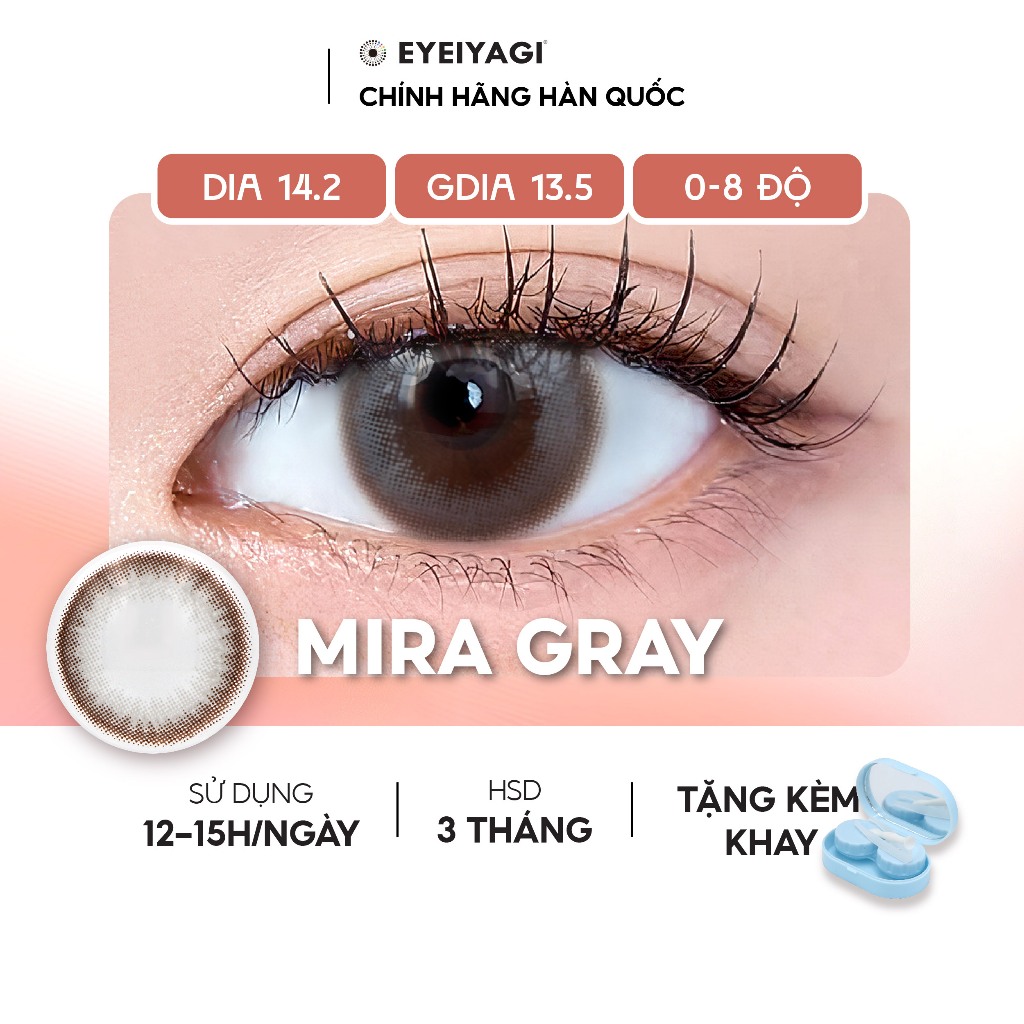 Lens xám cận 3 tháng EYEIYAGI kính áp tròng không ngâm Mira Gray độ cận ...