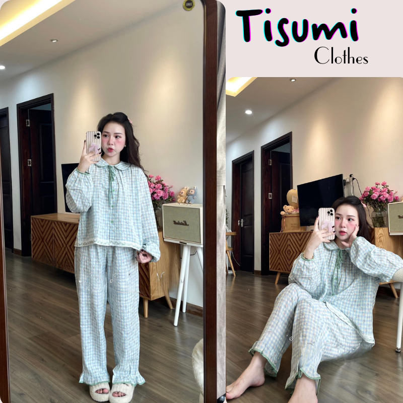 Đồ ngủ nữ bộ pijma bộ ngủ thô xanh cổ sen siêu xinh Tisumi Clothes ...