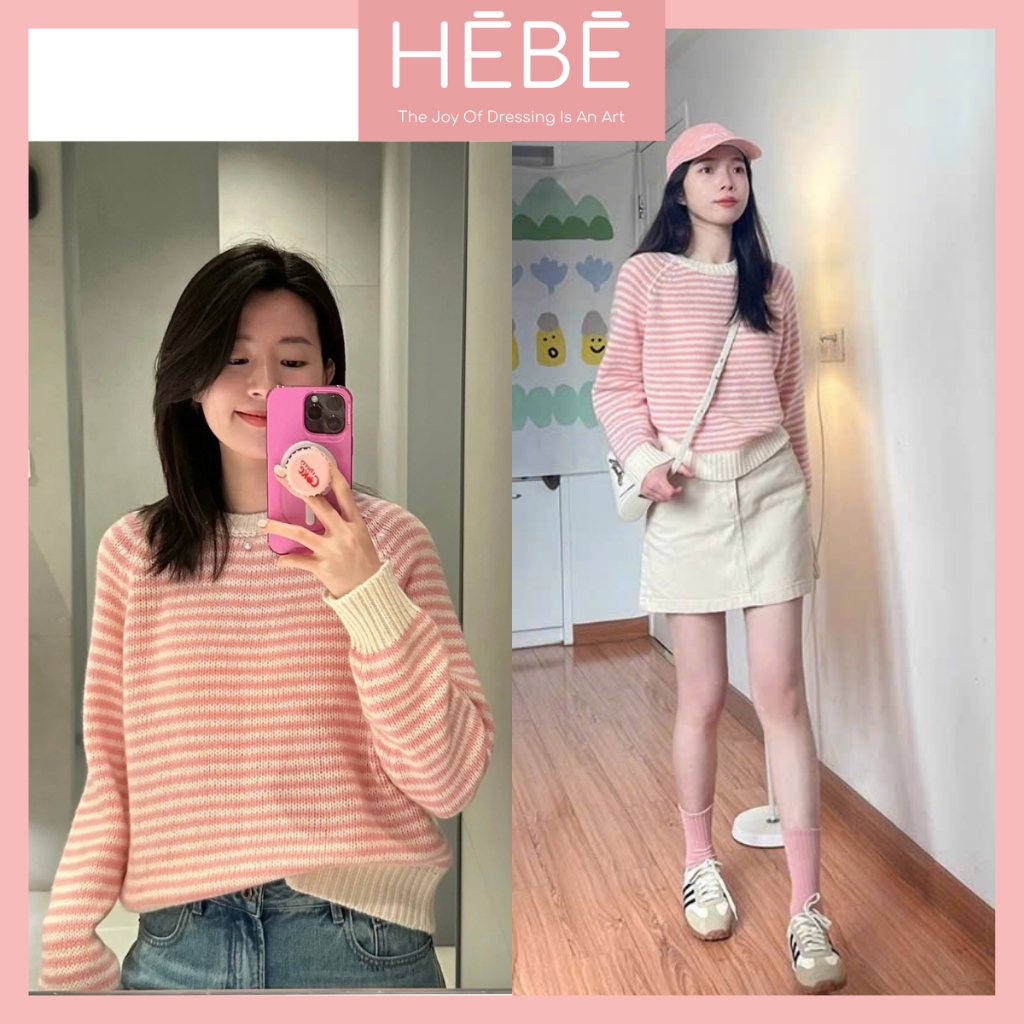 Áo dài tay nữ Kimi Sweater chất len lông thỏ mềm mại ấm áp, Áo Sweater nữ sọc hồng trẻ trung ...