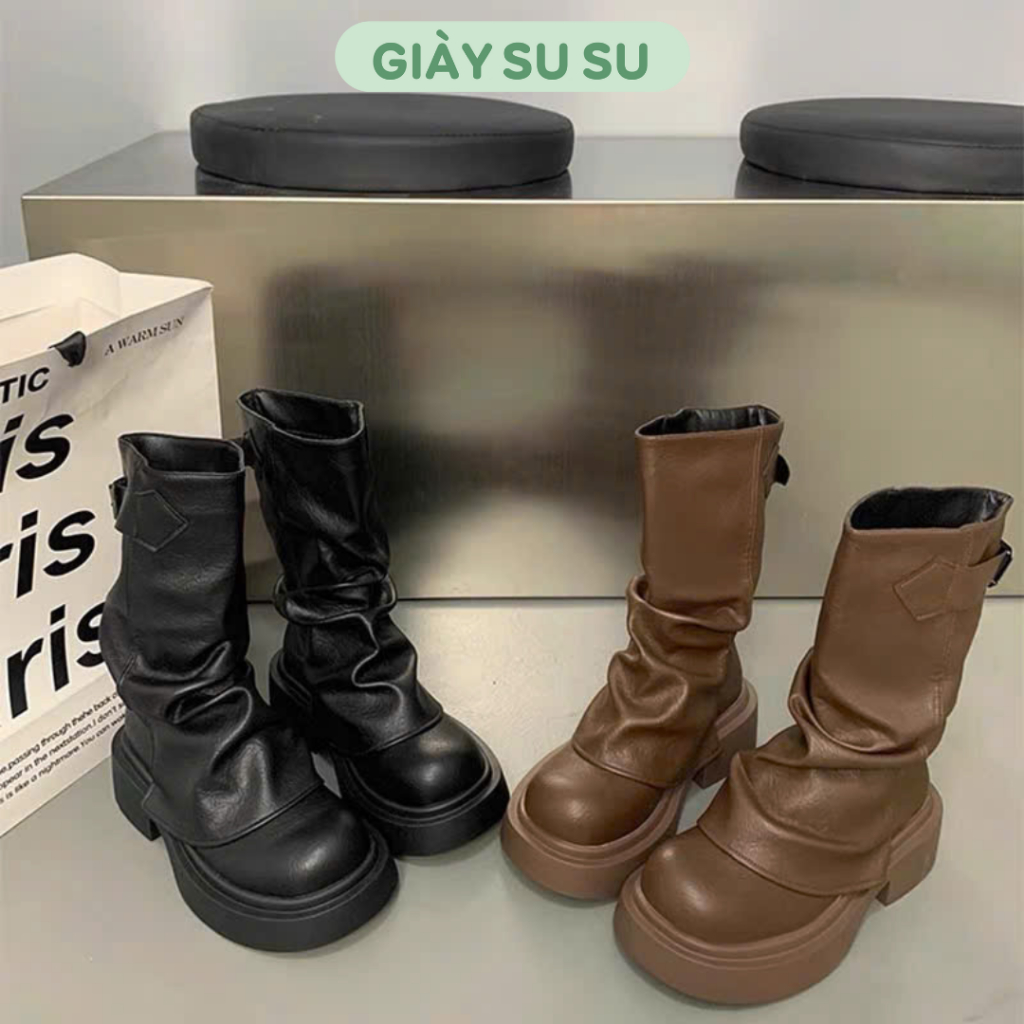 Giày bốt nữ đế dày cao gót 5cm cao 25cm da trơn cao cấp phối kim loại ...