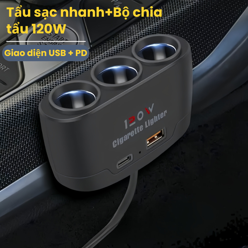 Tẩu sạc nhanh ô tô+Bộ chia tẩu USB Type-C + 3 lỗ cắm tẩu 120W, Tẩu sạc ...