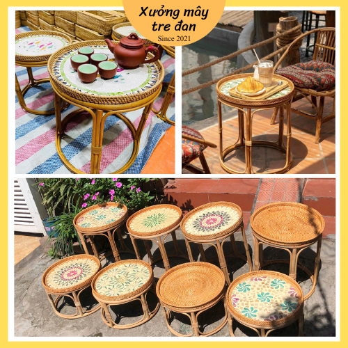 Bàn uống trà mini vintage - bàn trà mây tre thủ công nhỏ, bàn khảm trai ...