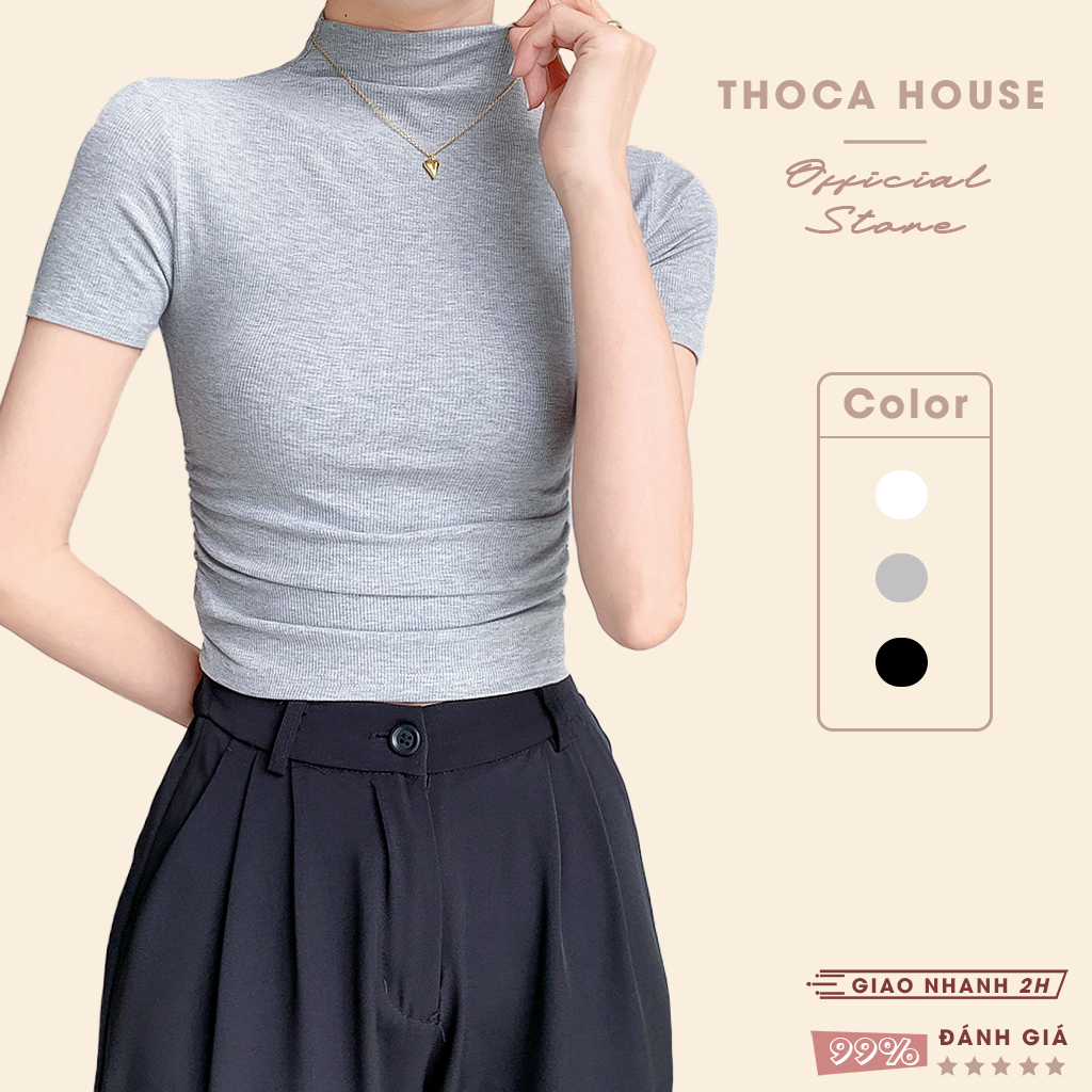 Áo thun cổ lọ croptop tay ngắn bo chun THOCA HOUSE gân tăm trơn, phối đồ thu đông | Shopee Việt Nam