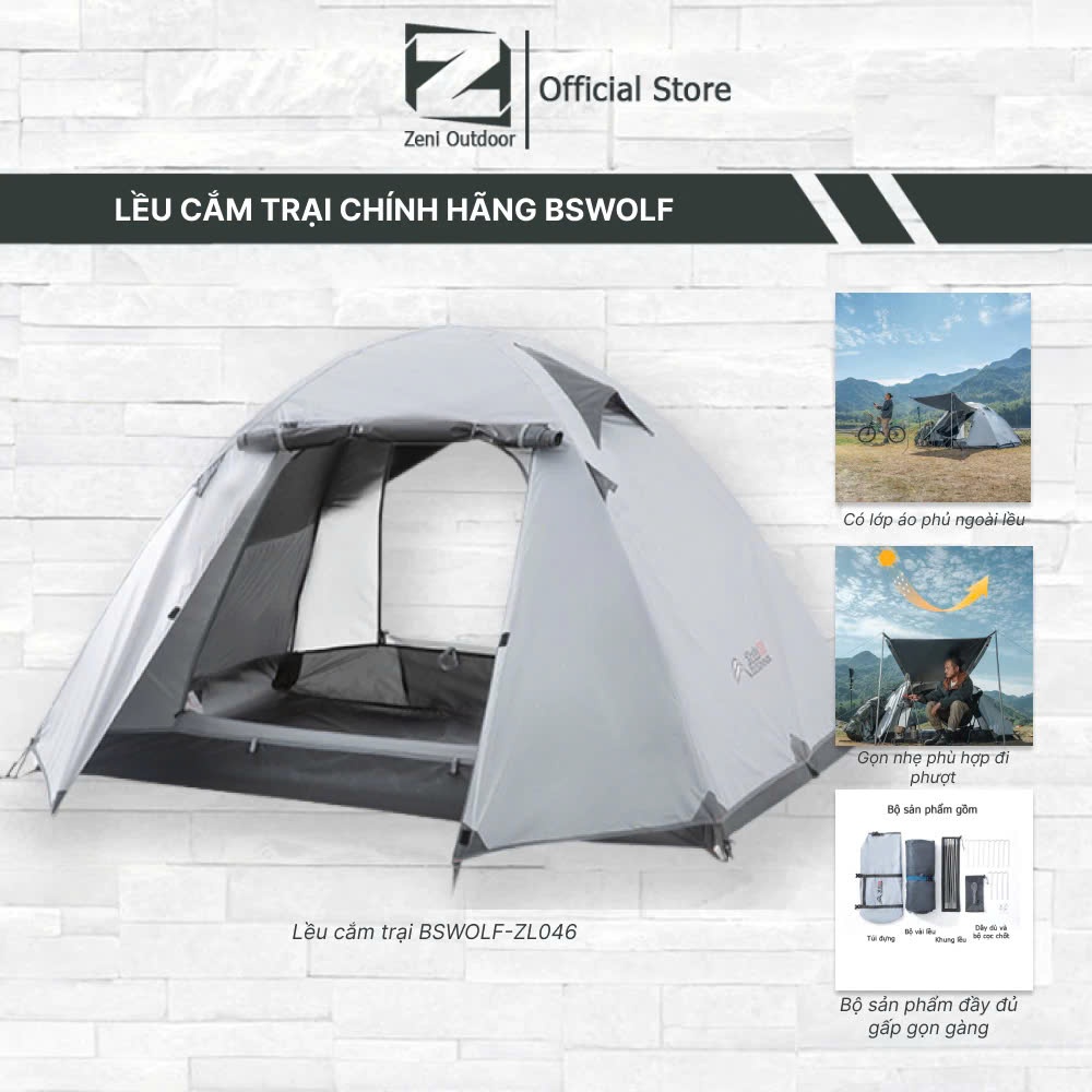 Lều cắm trại dã ngoại 2-4 người chính hãng BSWOLF-ZL046, có nguyên một lớp áo phủ ngoài chống ...