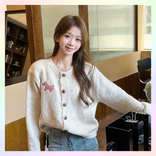 Áo Khoác Len Dệt Kim Cổ Tròn, Áo Len Cardigan Cài Khuy Thêu Con Chó ...