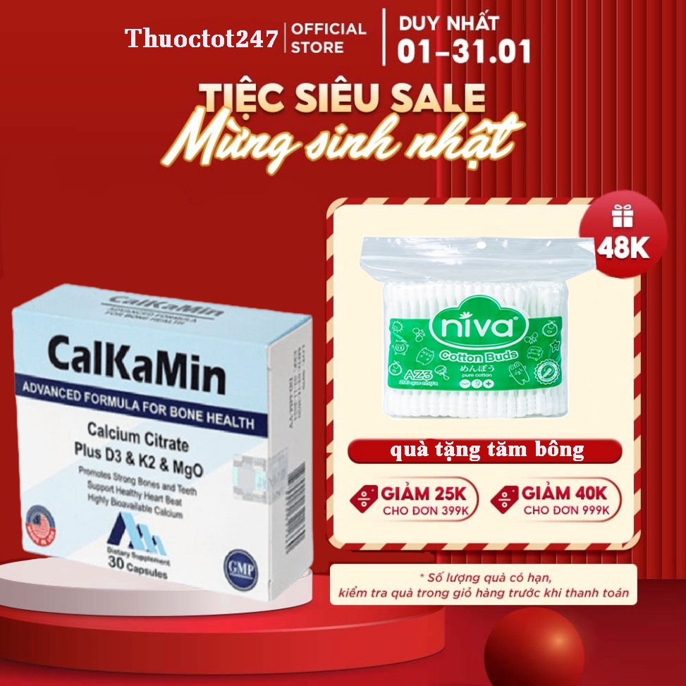 Viên uống Calkamin bổ sung Canxi hữu cơ D3, K2, Mg giúp xương răng chắc khỏe hộp 30 viên ...