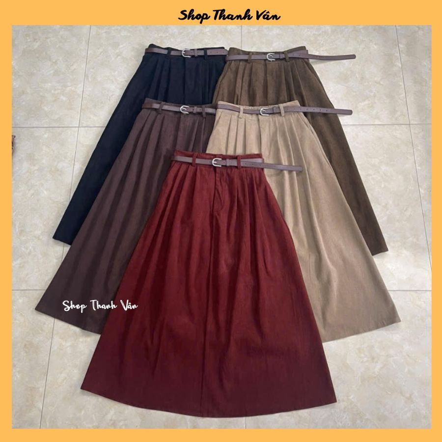 Chân váy xòe nhung tăm dáng basic trẻ trung, váy cạp chun sau kèm đai ...