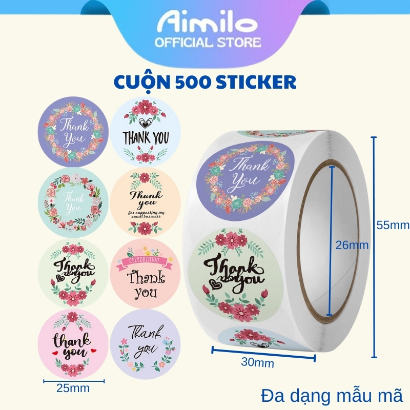【Aimilo】Cuộn 500 Sticker nhãn tròn ngộ nghĩnh, tem dán sticker thank ...