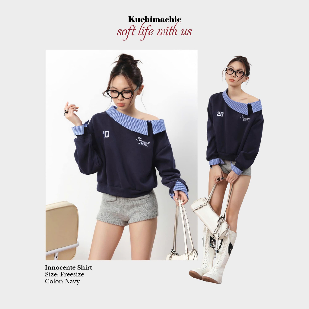 Kuchimachic - (Innocente Sweater) Áo nỉ lệch vai phối kẻ form vừa chất ...