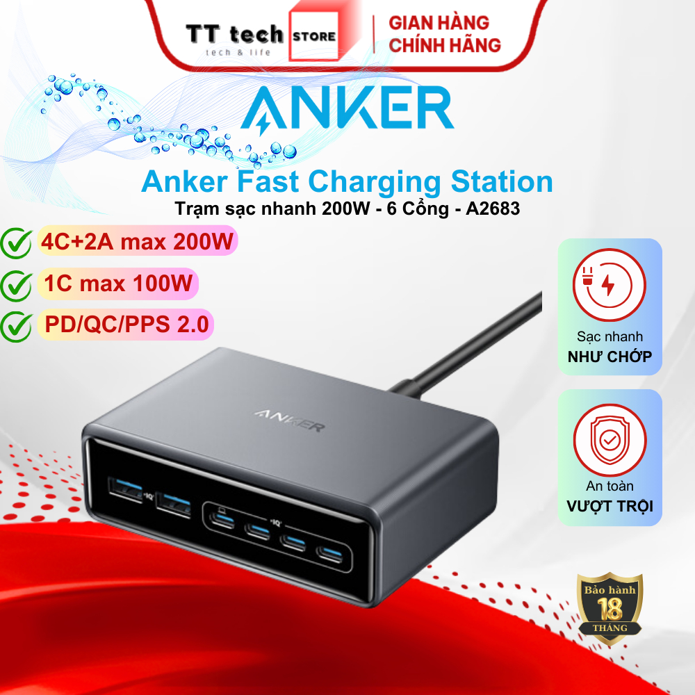 Trạm sạc nhanh Anker Prime 200w GaN 6 cổng mã A2683 hỗ trợ PD sạc nhanh ...