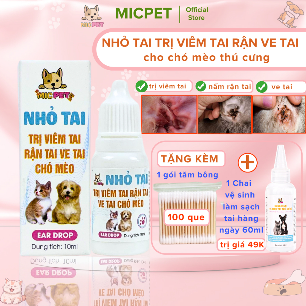 Nhỏ tai trị rận, viêm tai ve tai chó mèo MicPet - [Tặng chai dung dịch ...