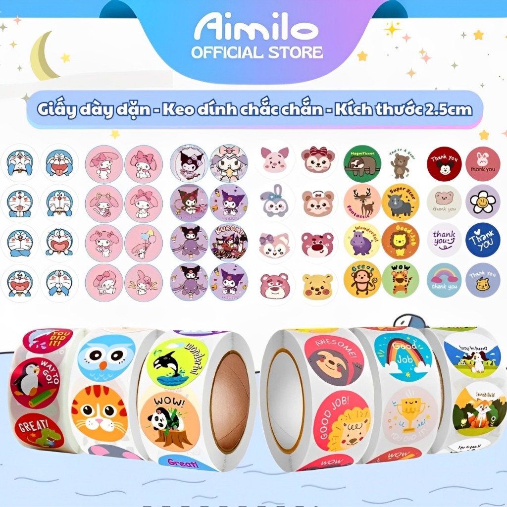 【Aimilo】Cuộn 500 miếng dán hoạt hình ngộ nghĩnh, tem dán sticker thank ...