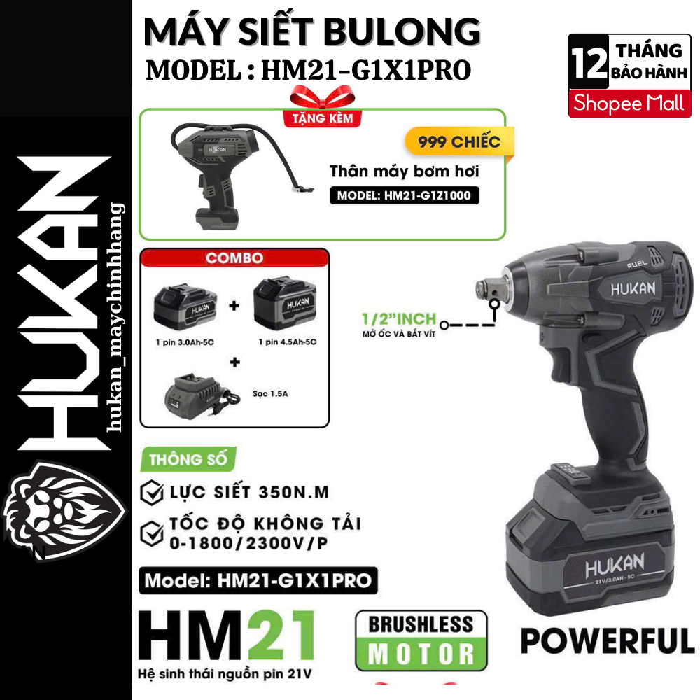 Máy siết bulong HUKAN HM21-G1X1PRO, Động cơ Không chổi than, Lực siết 350Nm - Tặng Thân Bơm ...