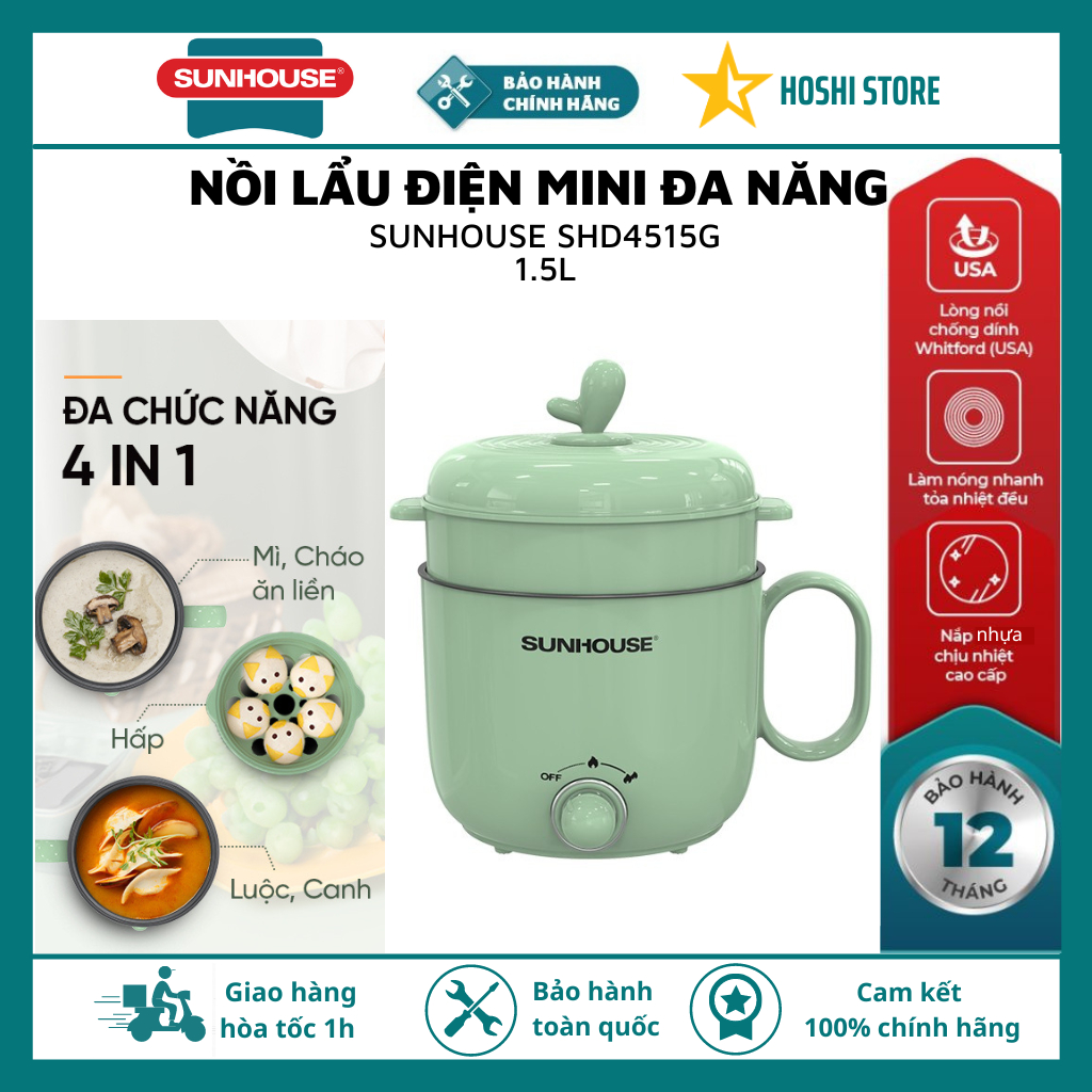 Nồi lẩu mini 1.5L SUNHOUSE SHD4515G, ca lẩu điện đa năng dùng cho 1- 2 ...
