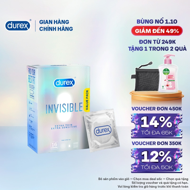 Bao Cao Su Durex Invisible Siêu Mỏng, Size 52 mm, Hộp 16 Bao Mới Ra Mắt - Hộp Lớn Siêu Tiết Kiệm ...