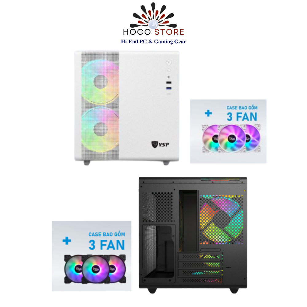 Vỏ Case Máy Tính VSP Gaming V300 - Mini - mATX + 3 Fan Led mặt trước lưới, hông kính cường lực ...