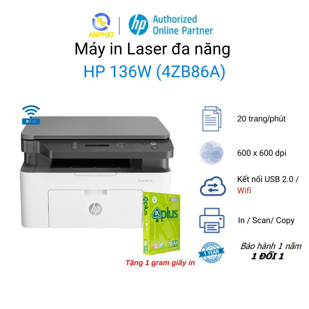 Máy in laser đen trắng đa chức năng HP Laser MFP 136a / 136w (In + Copy+Scan | A4 | 20 trang ...