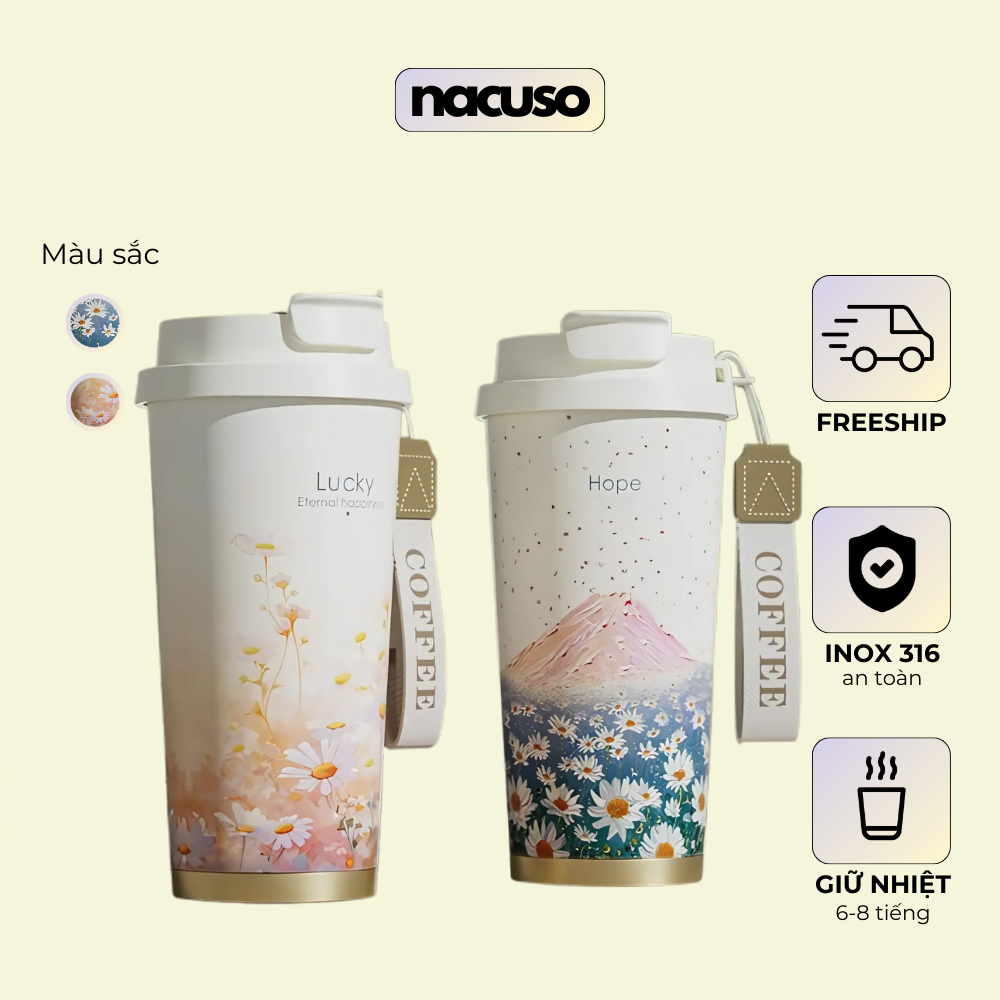 Ly giữ nhiệt LUCKY & HOPE 520ml có quai xách, cốc giữ nhiệt nóng lạnh inox 316 cao cấp có ống ...