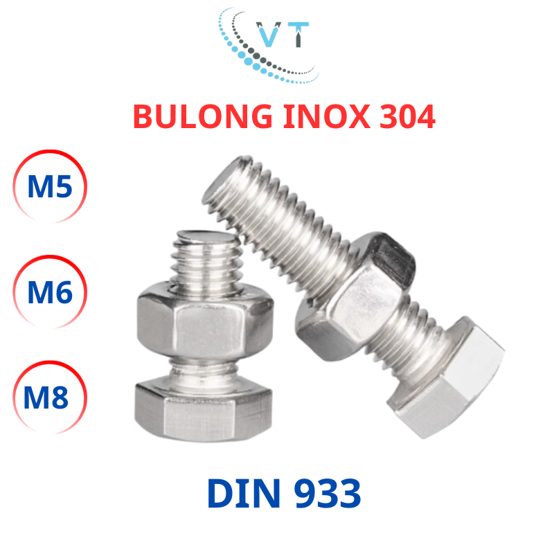 Set 10 bộ Bulong + tán Inox304 M5 - M6 - M8 dài từ 10mm - 150mm ...
