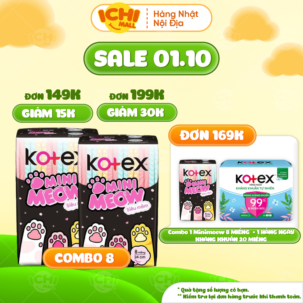 [COMBO 8 GÓI] Băng vệ sinh Kotex Mini Meow - Siêu mềm mỏng cánh, 24cm 8 miếng | Shopee Việt Nam