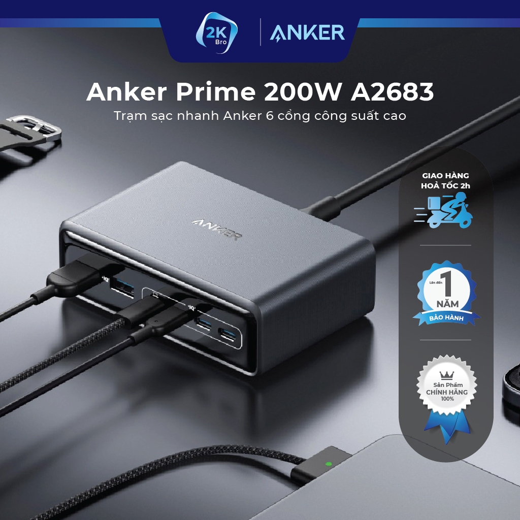 Trạm sạc Anker Prime 200W A2683 GaN 6 cổng 4C2A để bàn làm việc ...