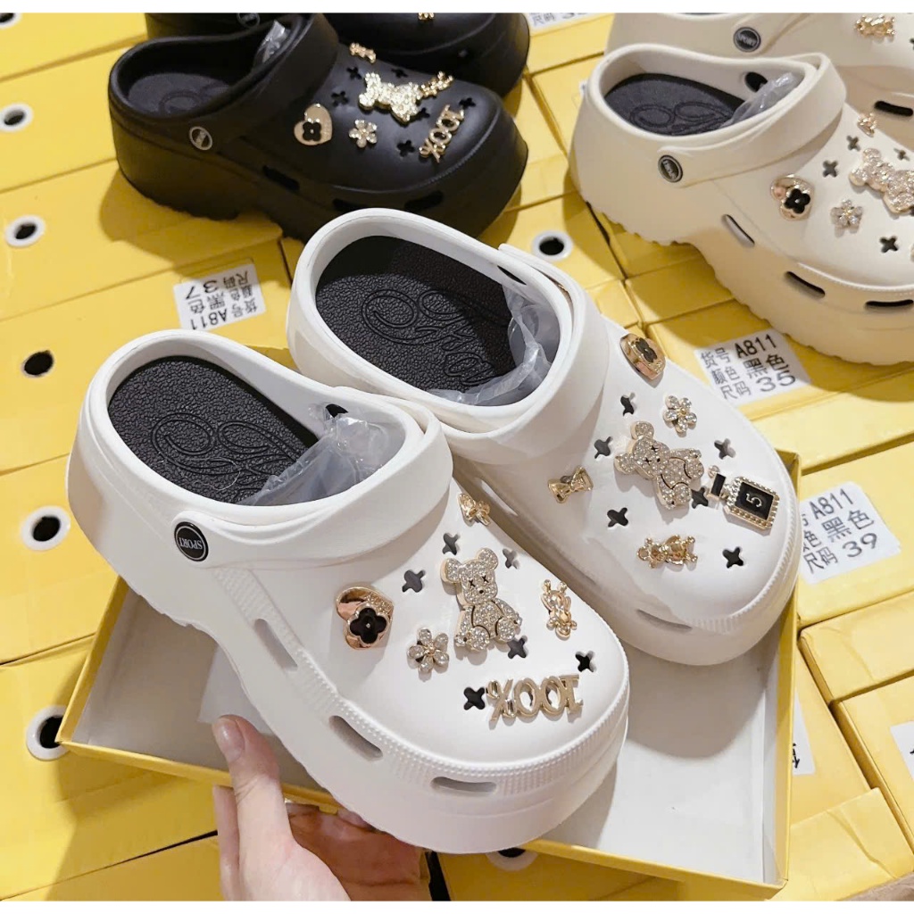 Dép Sục nữ Cros 7 phân Tặng kèm Charm Gấu 100 Đế Độn Tăng Chiều Cao Nhiều Màu Dễ Phối Đồ Basic ...